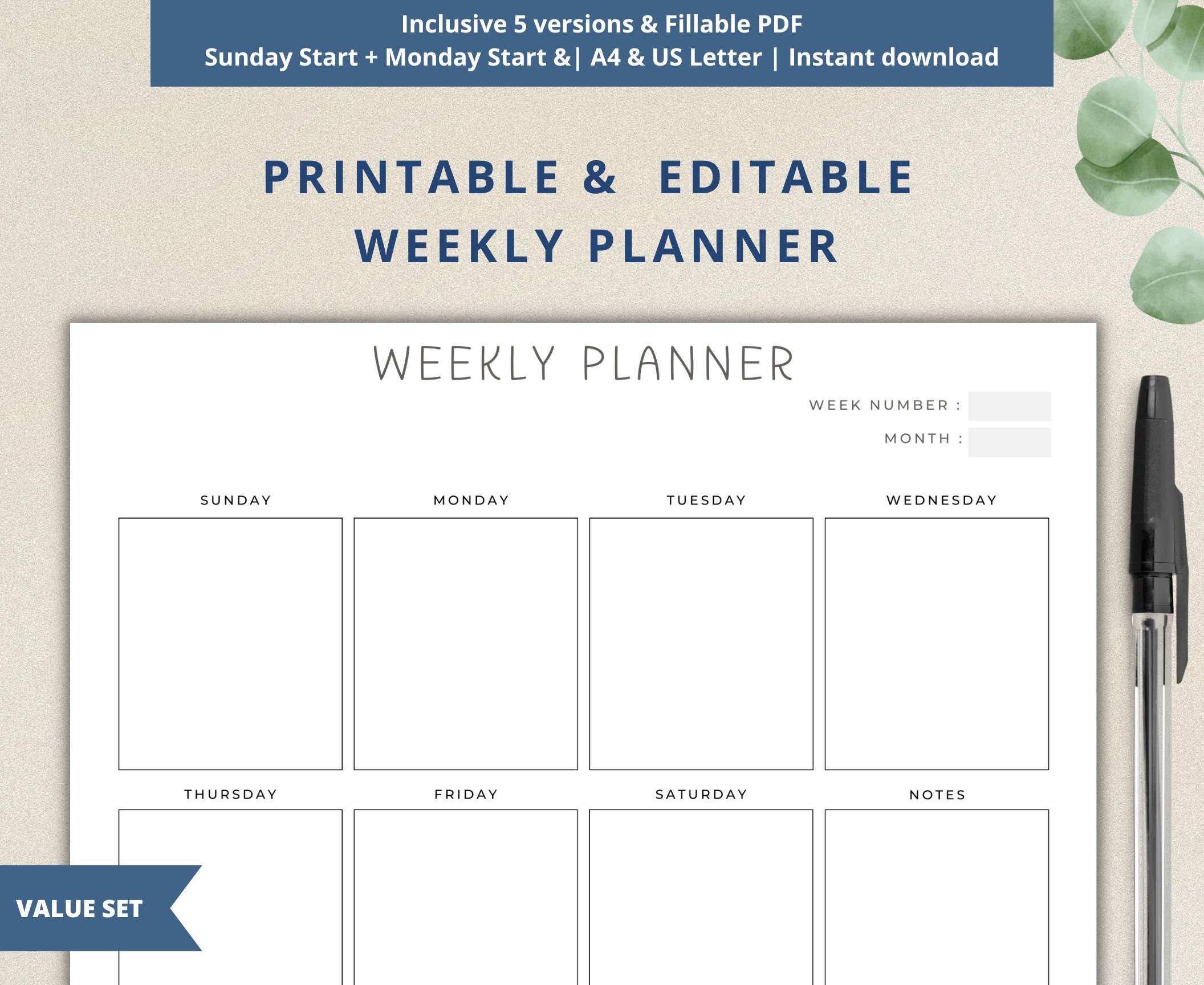 Weekly Planner Printable Fillable Editable Minimalist Weekly Schedule ...