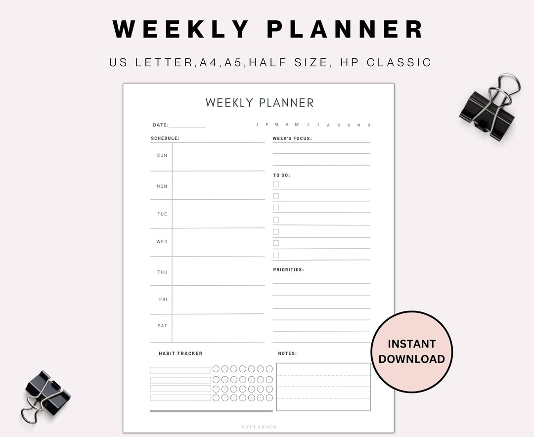 Weekly Planner Printable Weeky Schedule Planner Work Planner Homework ...