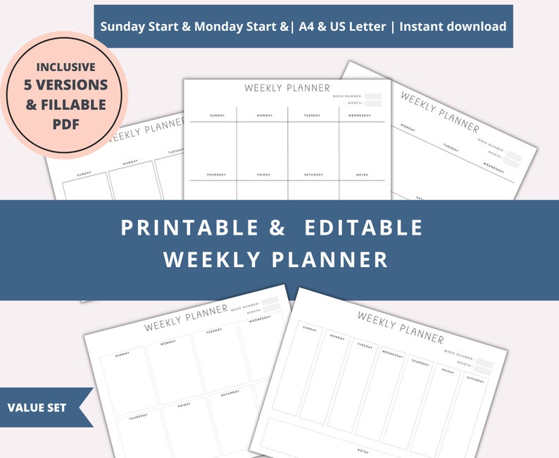 Weekly Planner Printable Fillable Editable Minimalist Weekly Schedule ...