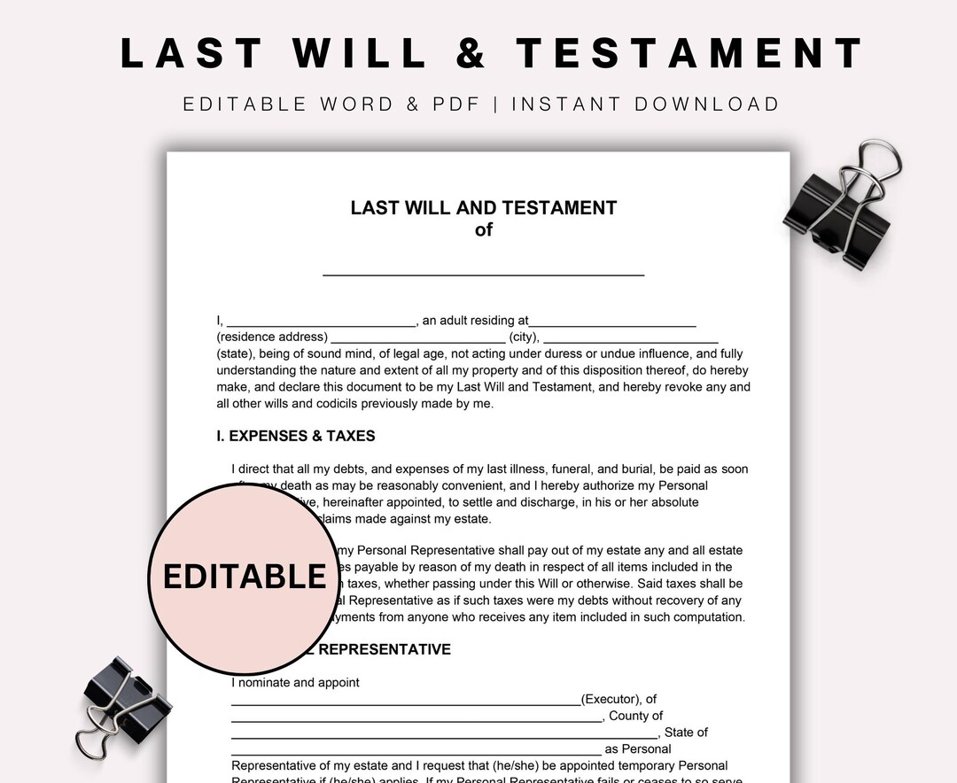 Last Will and Testament Template Editable Last Will and Testament ...