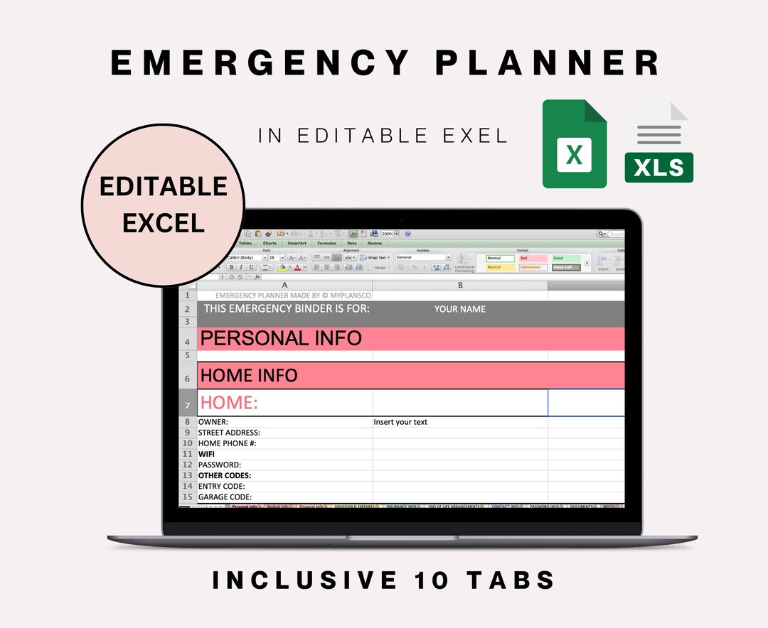 Emergency Planner editable Excel, in Case of Emergency, End of Life ...