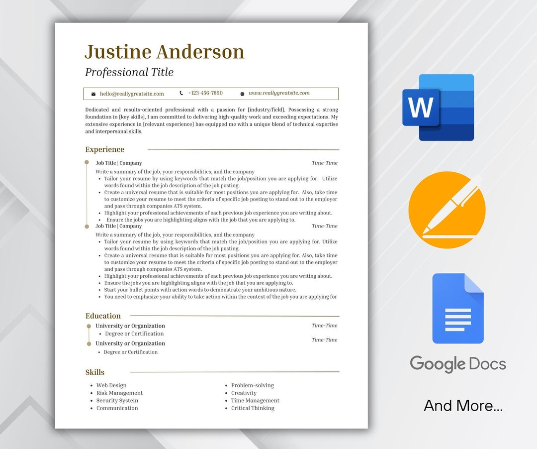 ATS Friendly Resume Template Word, Pages, Canva, Google Docs, ATS ...