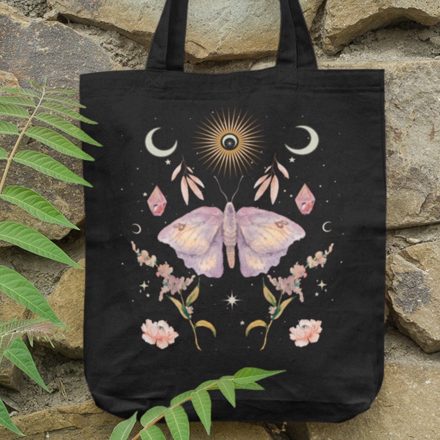 Moth Tote Bag, Whimsigoth Decor, Botanical Floral Moon Tote Bag ...