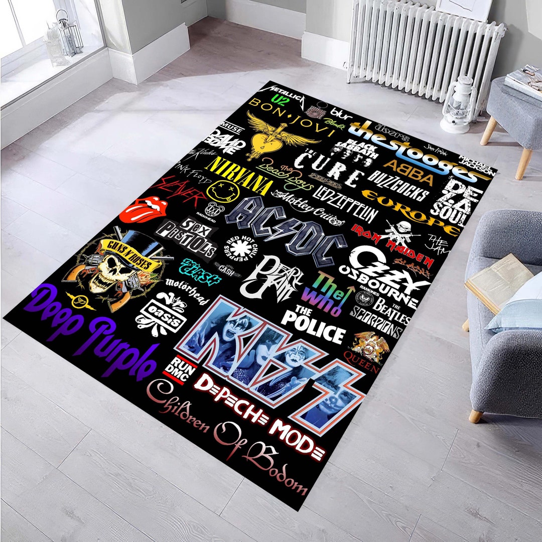 Rock Band Rug Music Lover Decor Band Logo Carpet, Rock and Roll Rug ...