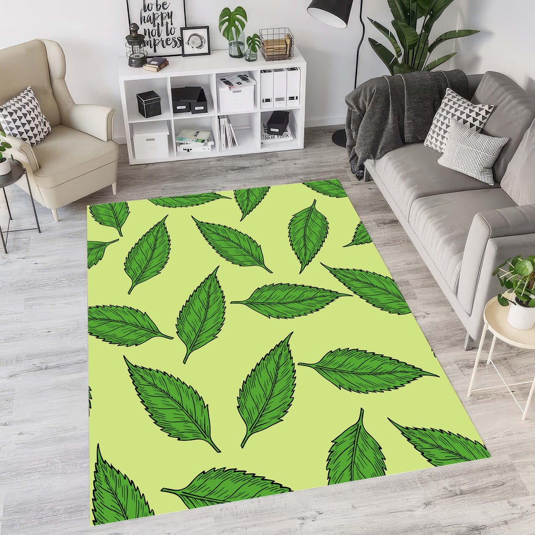 Green Leaf Rug Yellow Carpet, Leaf Print Rug, Nature Rug, Botanical Rug ...