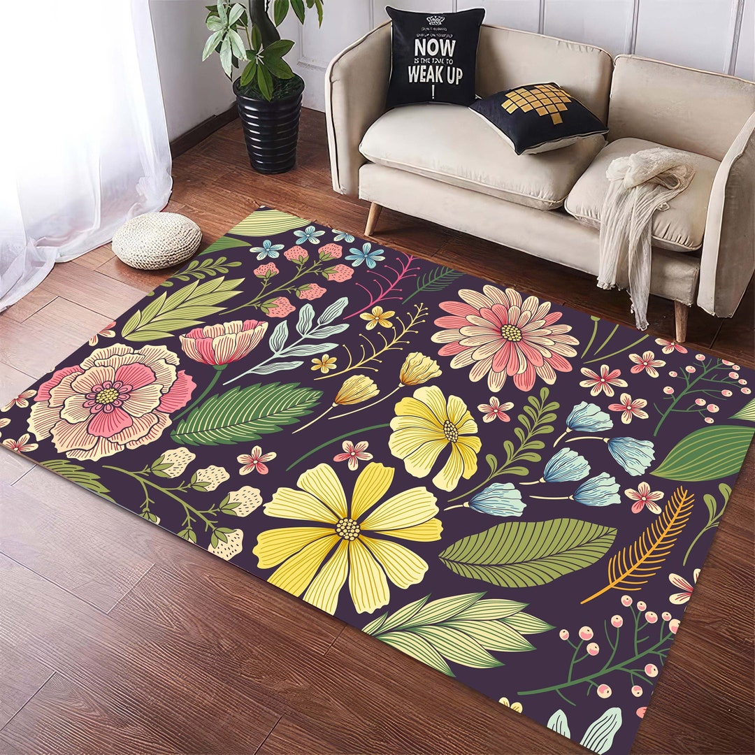 Floral Rug Colorful Living Room Carpet, Flower Area Rug, Entryway ...