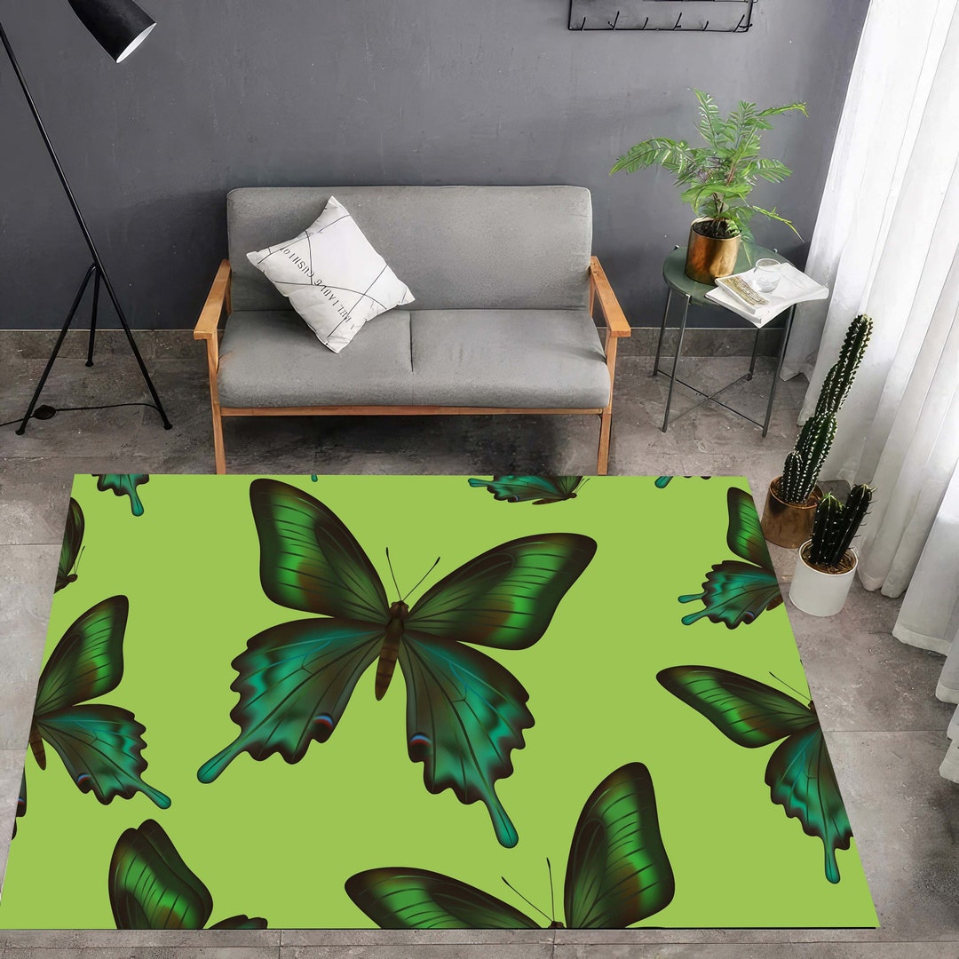 Butterfly Rug Green Background Carpet, Colorful Butterfly Rug, Garden ...