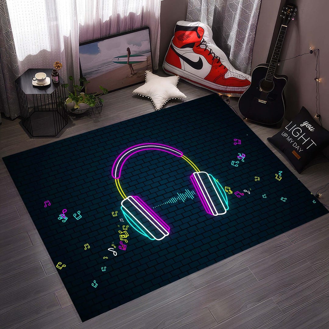 Neon Music Rug Headphone Carpet, Music Note Rug, Neon Decor, Music ...