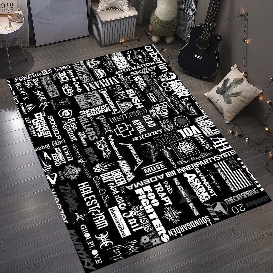 Rock Music Band Rug - Music Lover Logo Carpet - Dark Style Guitar Room ...