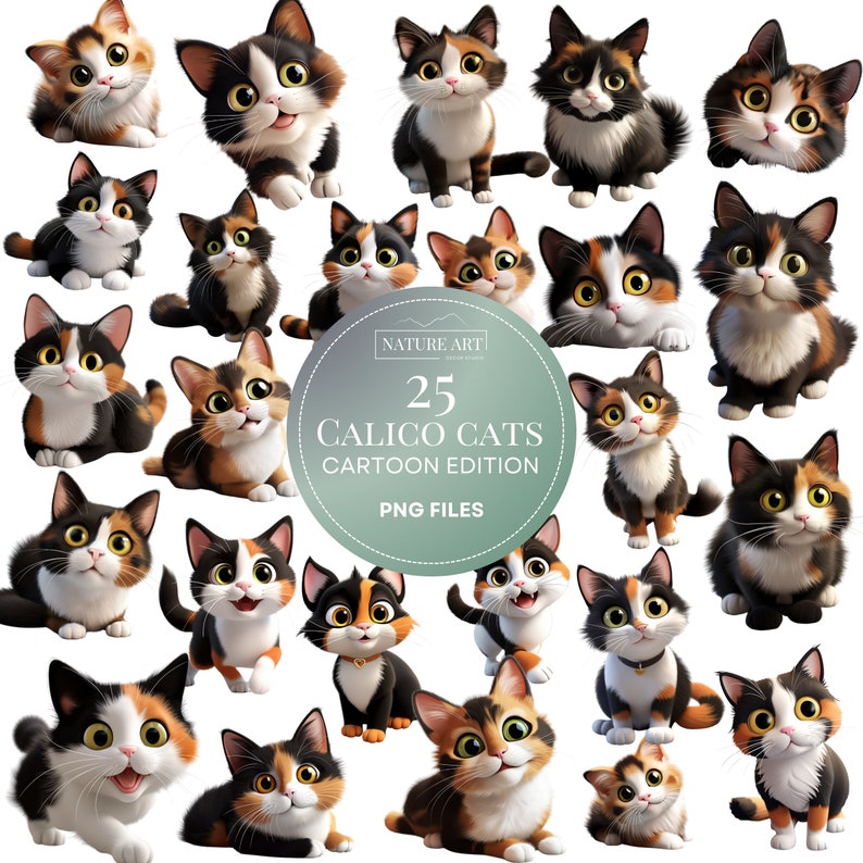 25pc Cute Cartoon Calico Cat PNG Bundle Cute Kitty Animal POD - Etsy