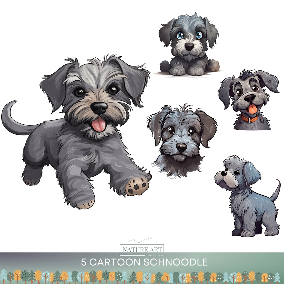 5pc Cartoon Gray Schnoodle Dog PNG Bundle, Cute Animal POD Allowed ...