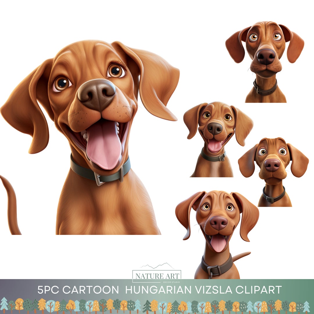 5pc Cartoon Vizsla Dog Face Portrait Clipart PNG Bundle, Cute Dog POD ...