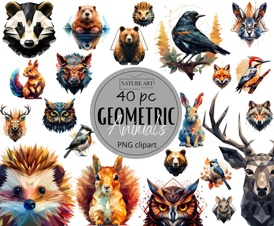 40pc Geometric Animal Head PNG Bundle, Wild Animal POD Allowed Digital ...