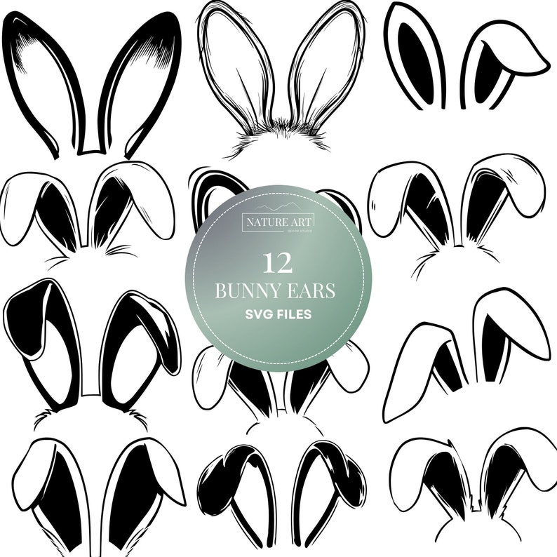 12pc Bunny Ears SVG Bundle, Cute Bunny Ears Clipart, Black and White ...