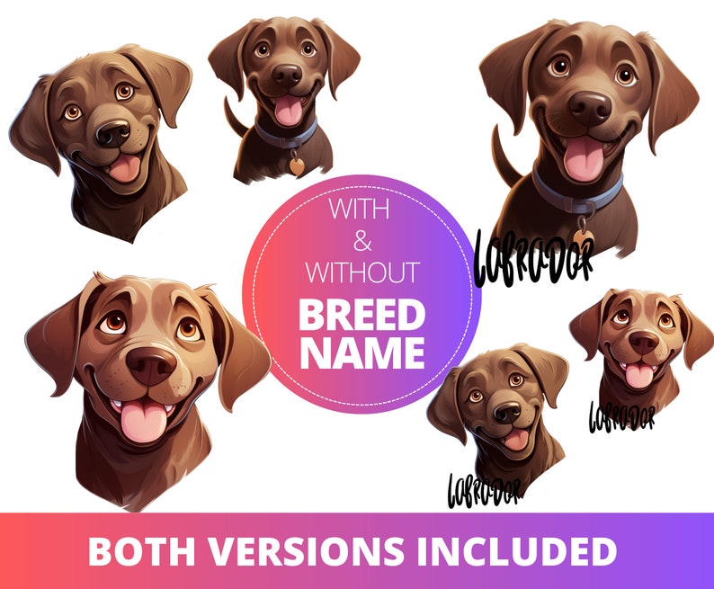 5pc Cartoon Labrador Dog Head PNG Bundle Cute Chocolate Color - Etsy
