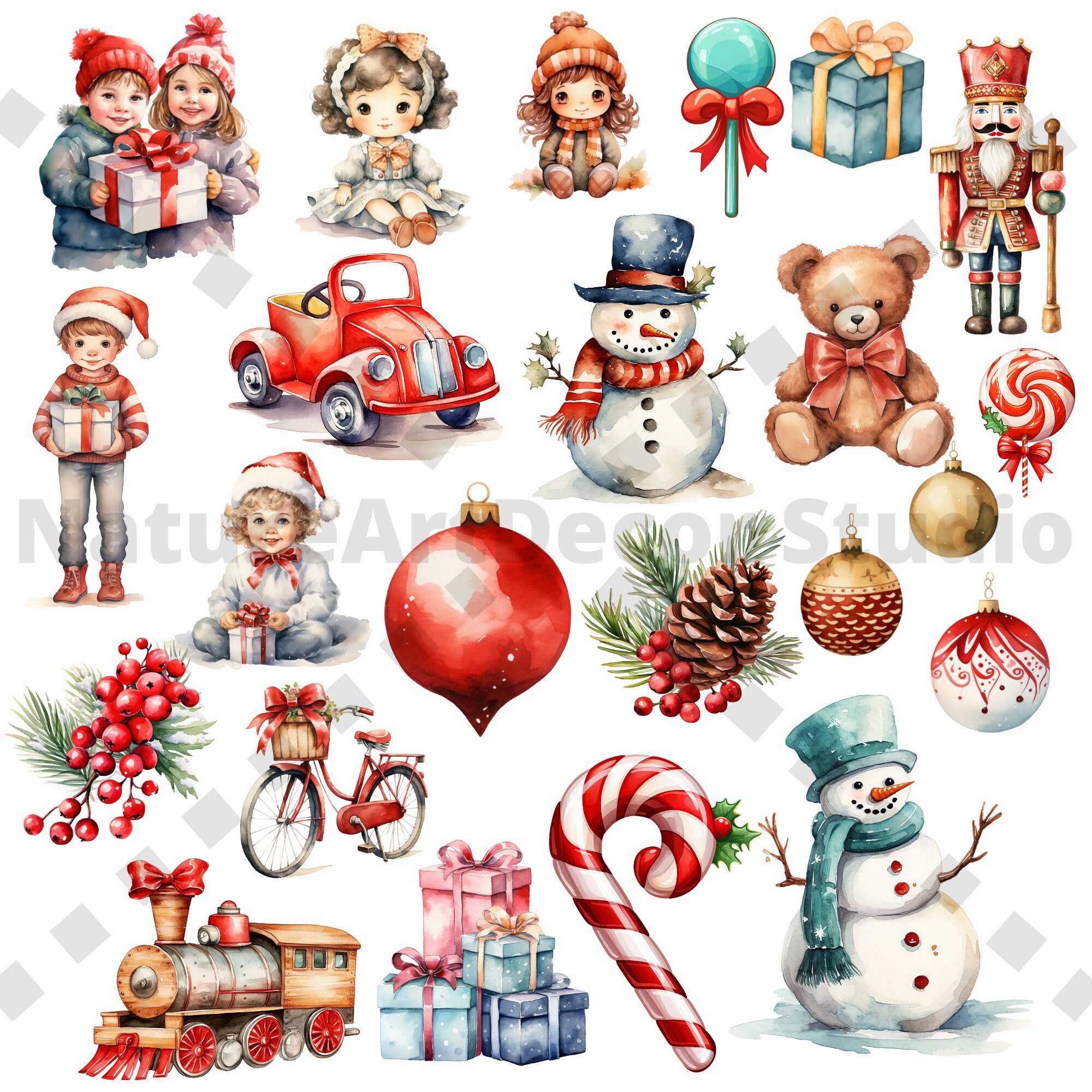 100pc North Pole Vintage Santa Watercolor PNG Clipart Bundle, Winter ...