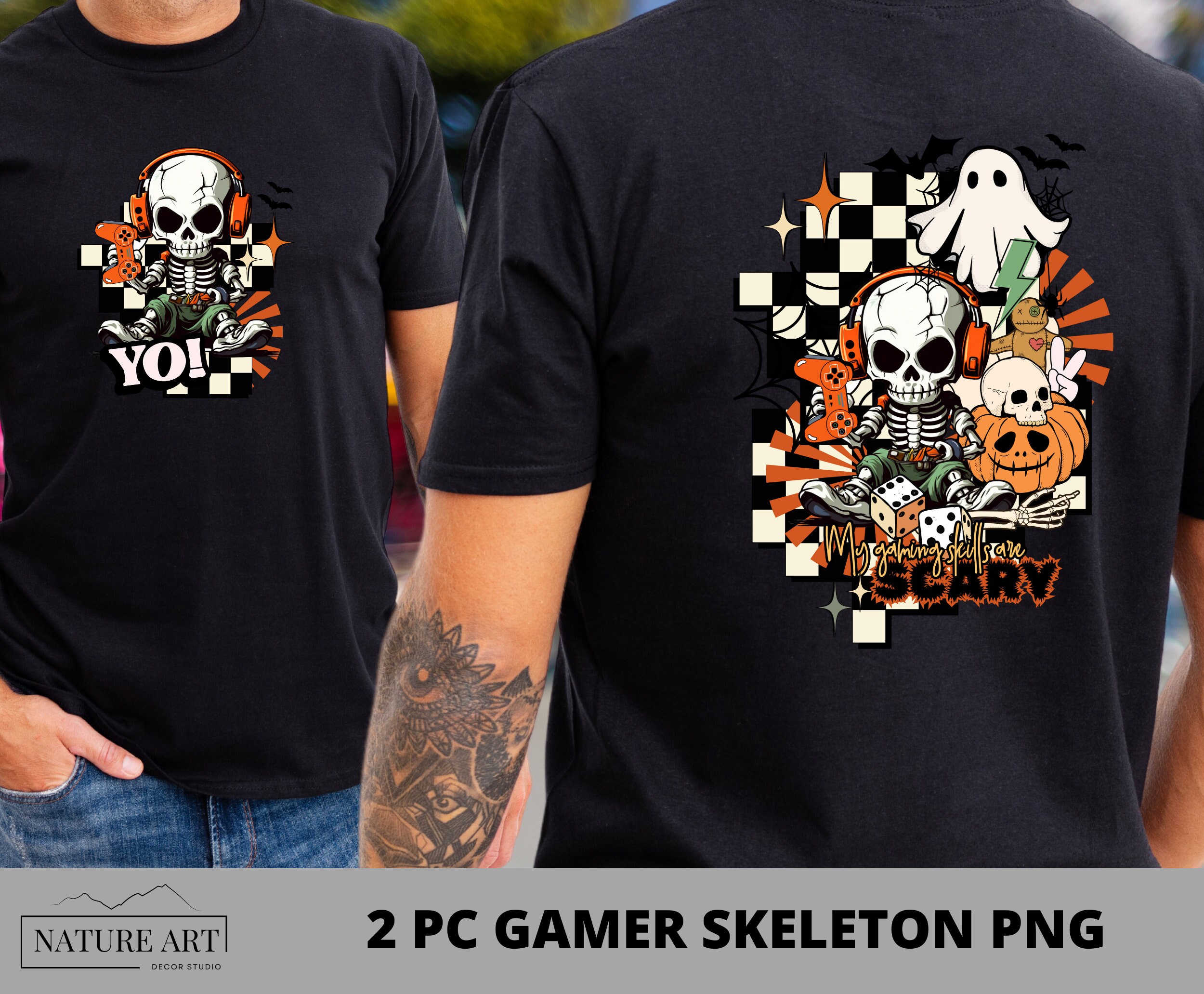 Halloween Retro Gamer Skeleton PNG Design 2pc Matching Scary - Etsy