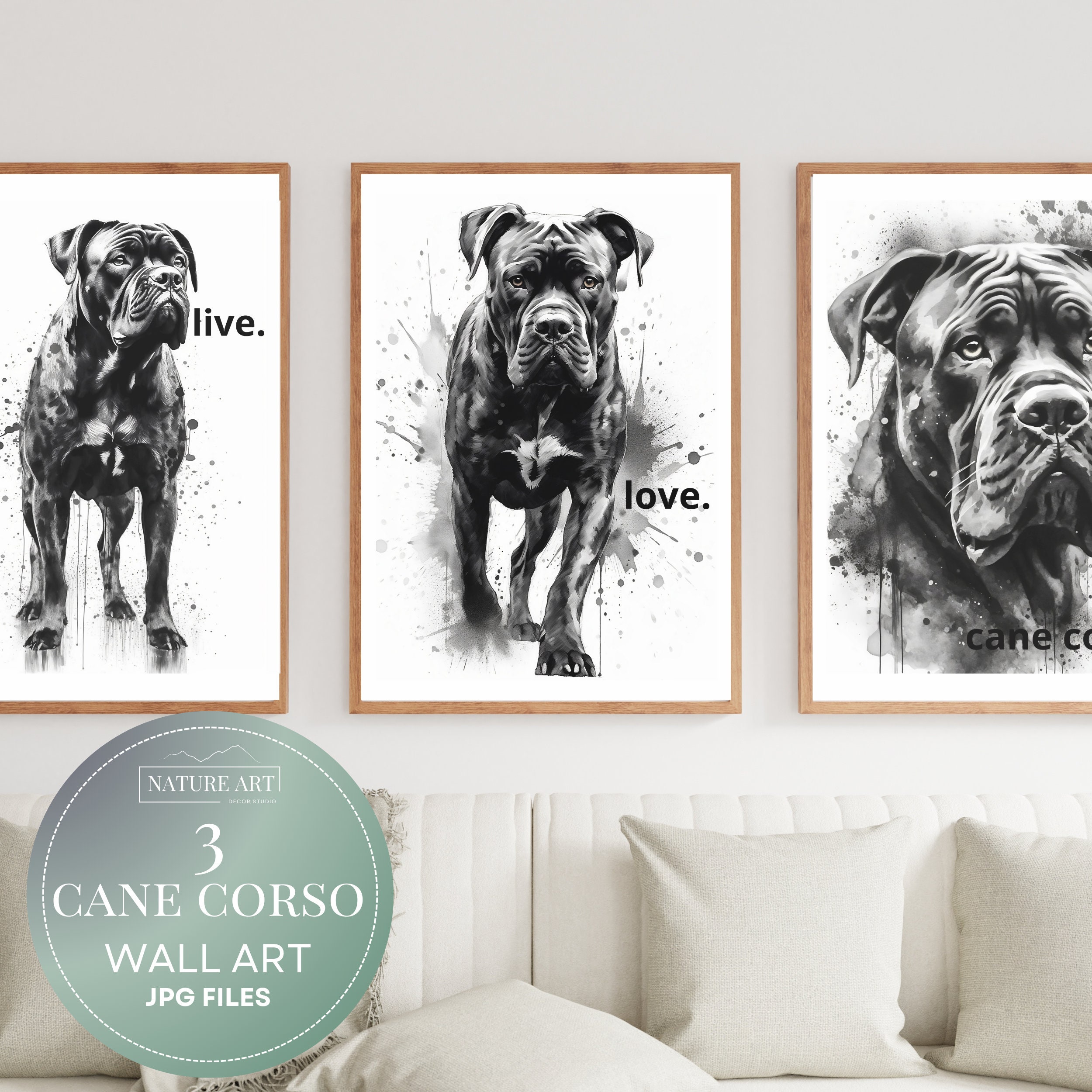 Printable Cane Corso Watercolor Grayscale Wall Art Room Decor, Set of 3 ...