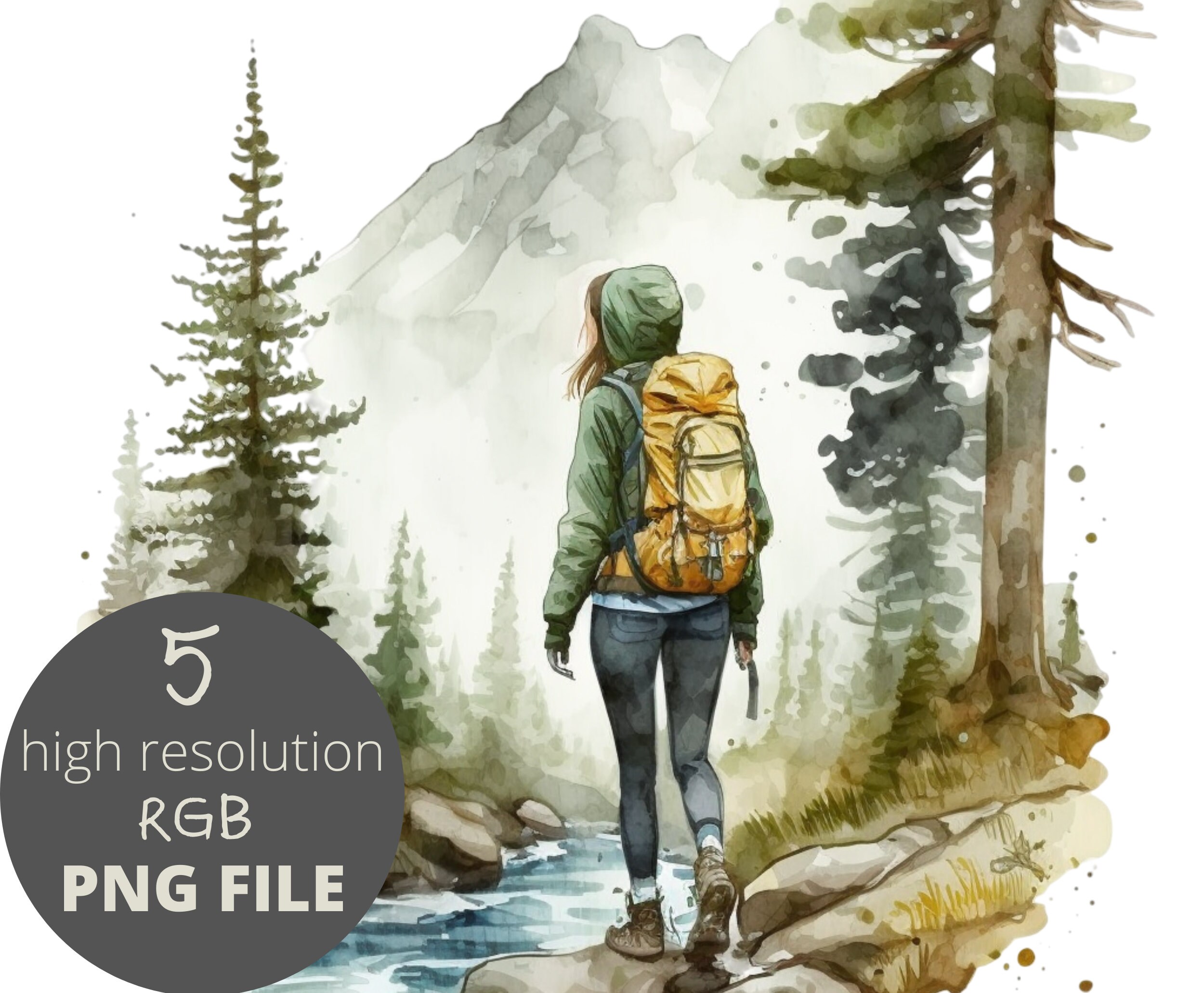 5pc Hiking Girl Watercolor PNG Bundle, Printable Foggy Mountain ...