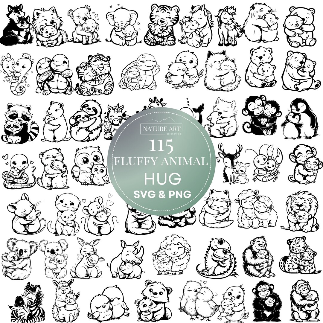 115pc Cute Fluffy Animal Hug Doodle SVG Bundle, Cute Woodland Animals ...