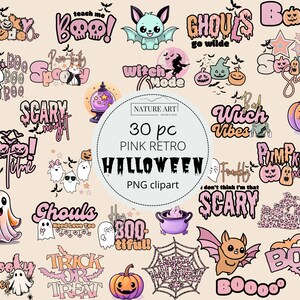 Retro Pink Halloween Image Bundle, 30pc Cute Spooky Ghost PNG Clipart ...