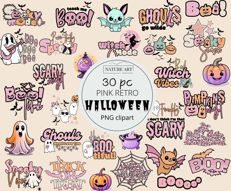 Retro Pink Halloween Image Bundle, 30pc Cute Spooky Ghost PNG Clipart ...