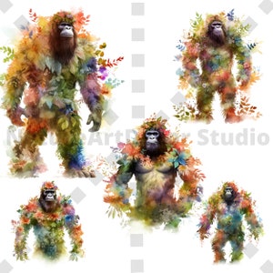 20pc Floral Bigfoot Watercolor PNG Bundle, Sasquatch Yeti Clipart, POD ...