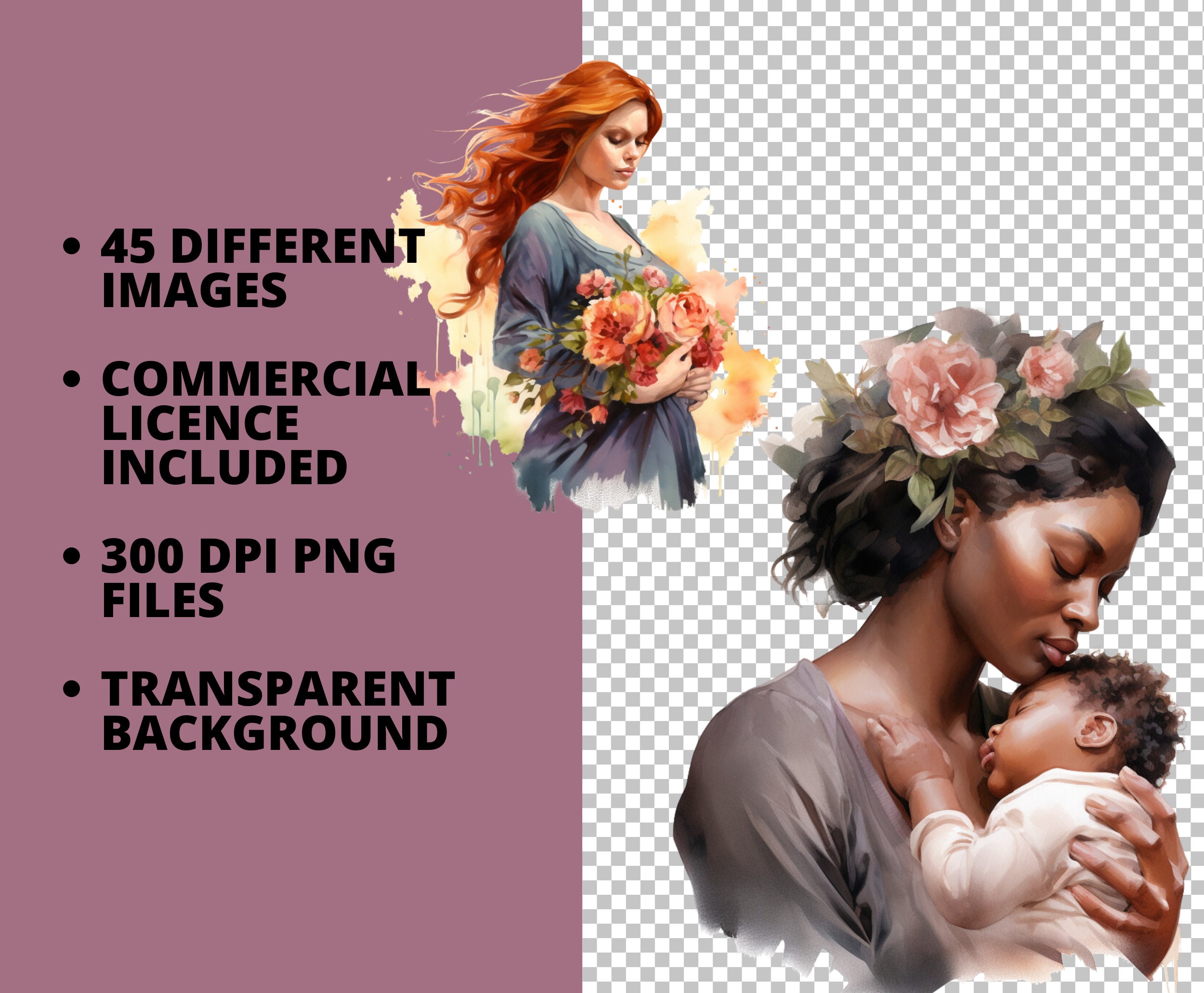 45pc Wonderful Motherhood Watercolor PNG Bundle, Mom and Baby Clipart ...