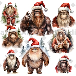 35pc Bigfoot in Santa Mood Watecolor PNG Bundle, Sasquatch Yeti ...