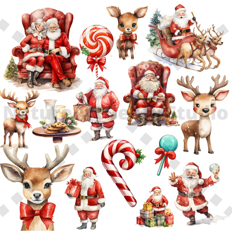 100pc North Pole Vintage Santa Watercolor PNG Clipart Bundle, Winter ...