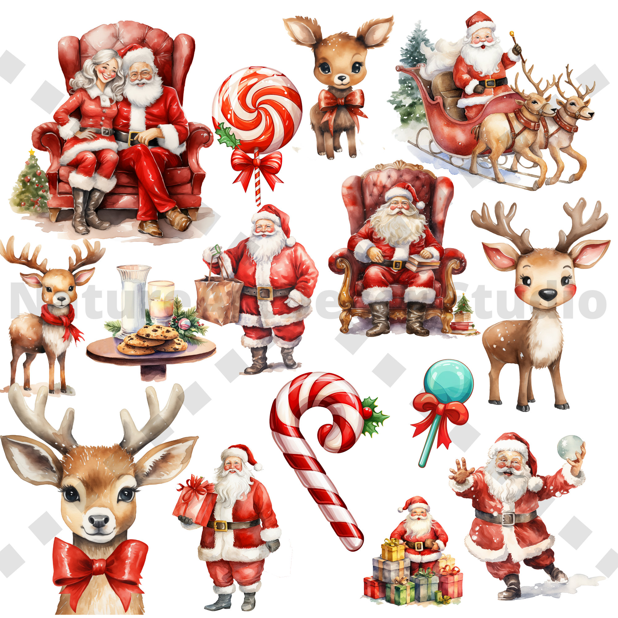 100pc North Pole Vintage Santa Watercolor PNG Clipart Bundle, Winter ...