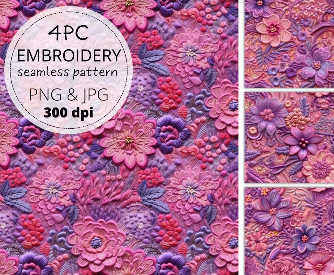 4pc Embroidery Floral Pattern Pack, Seamless Embroidered Digital Paper ...