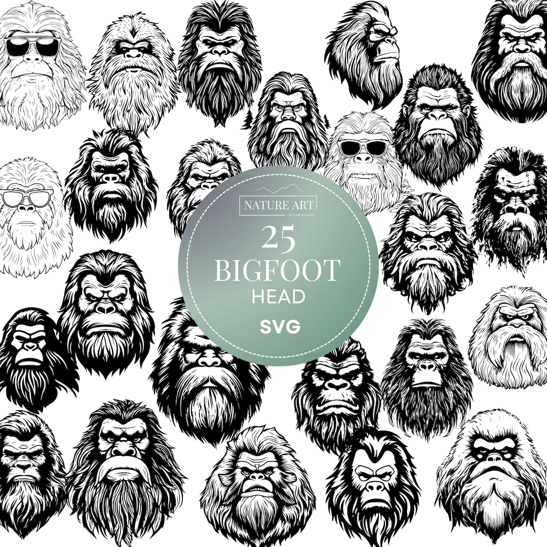 Bigfoot Faces Line Art Svg Bundle, Sasquatch Yeti Head Clipart, POD ...
