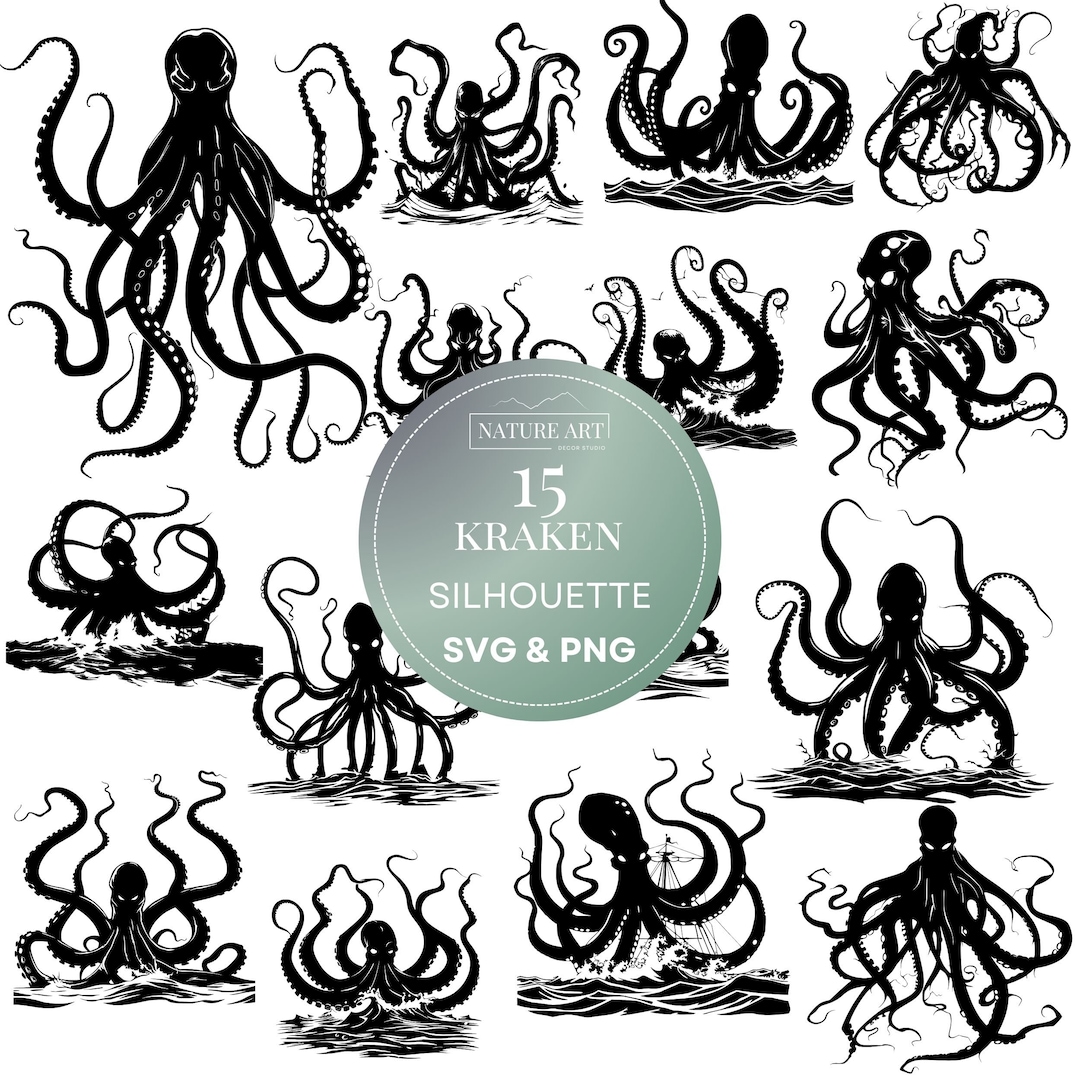 Kraken Silhouette Line Art Svg Bundle, Sea Monster Cryptid Clipart, POD ...
