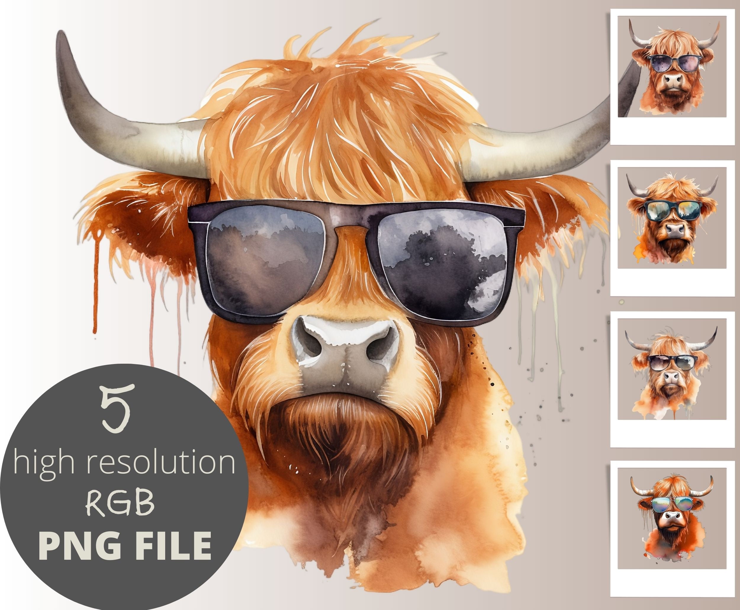 5 Highland Cow in Sunglasses Water Color Animal PNG Bundle - Etsy