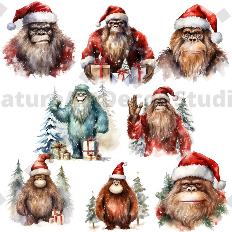 35pc Bigfoot in Santa Mood Watecolor PNG Bundle, Sasquatch Yeti ...