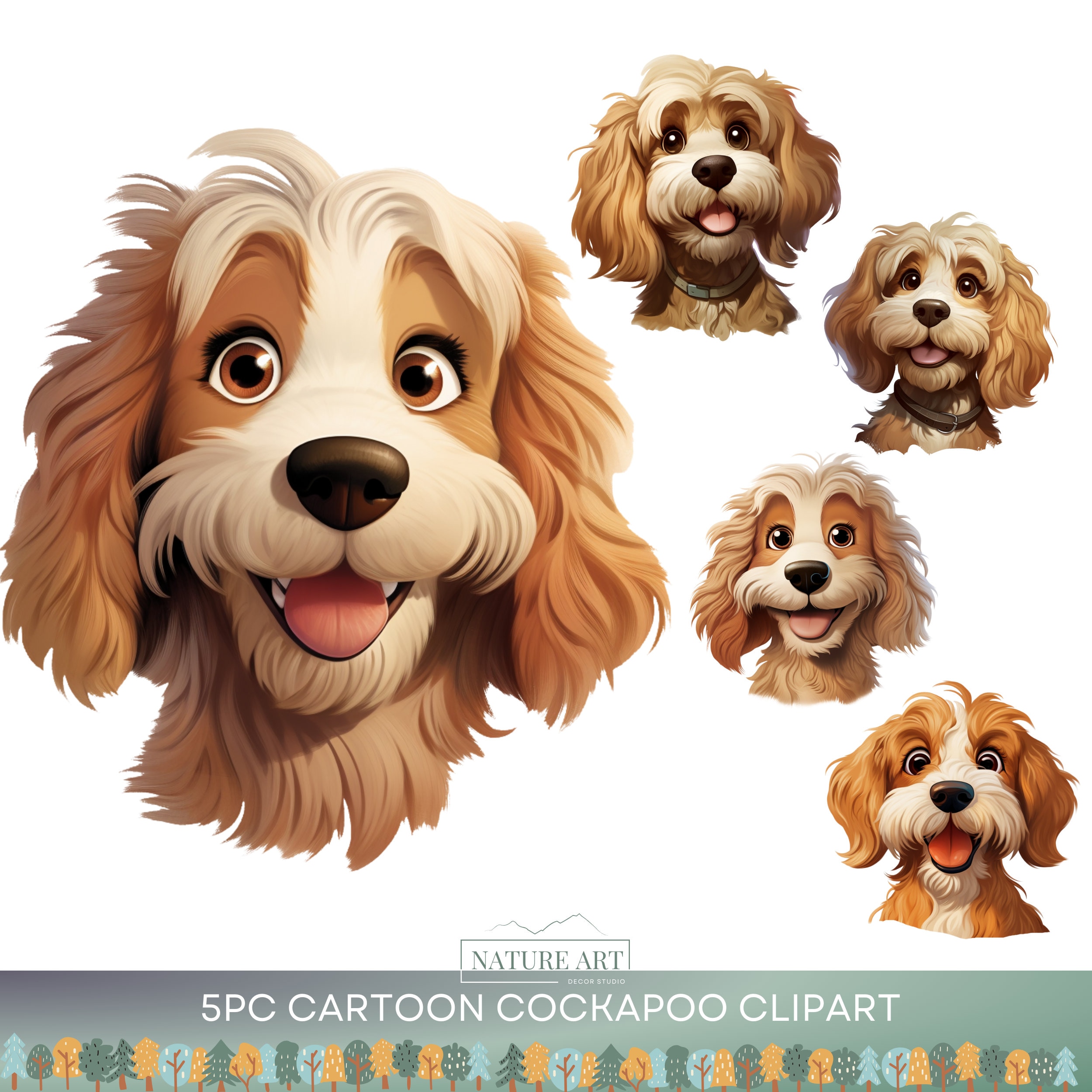 5pc Cartoon Cockapoo Dog Head PNG Bundle, Cute Puppy POD Allowed ...