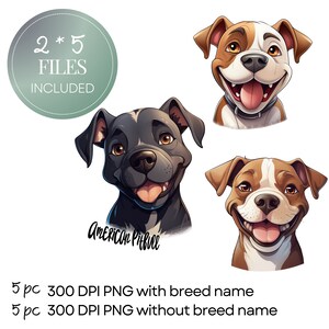 5pc Cartoon American Pitbull Dog Head PNG Bundle, Puppy Portrait POD ...