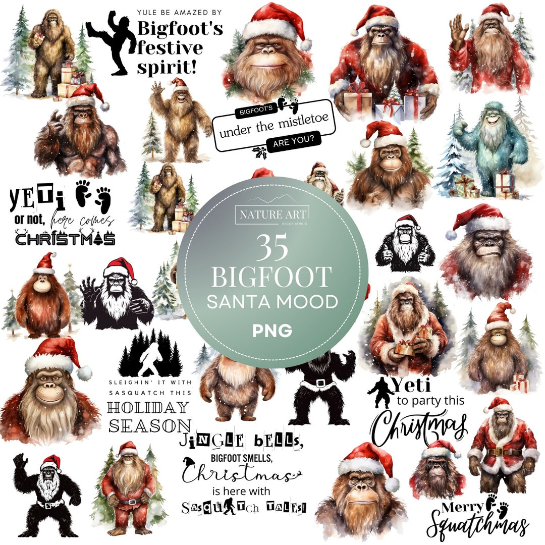 35pc Bigfoot in Santa Mood Watecolor PNG Bundle, Sasquatch Yeti ...