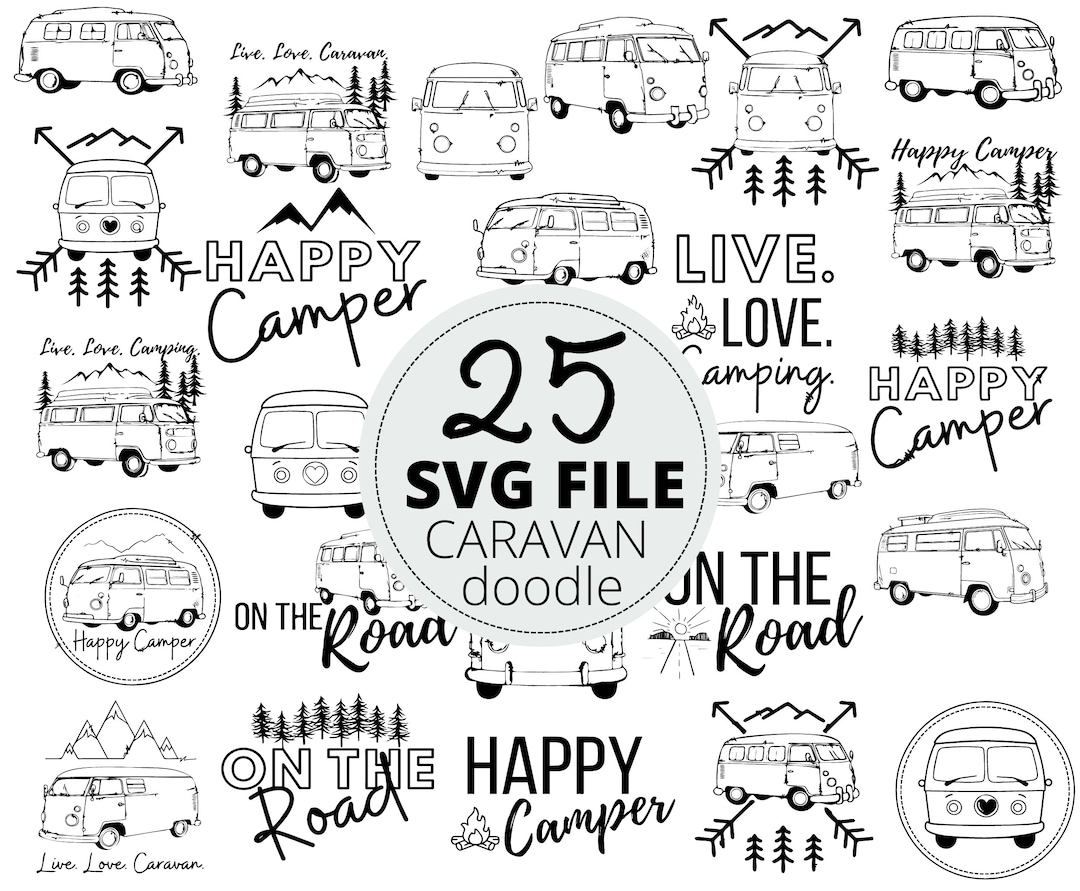25pc Hippie Hand-drawn Caravan Doodle SVG Bundle, Camping Cut Files ...