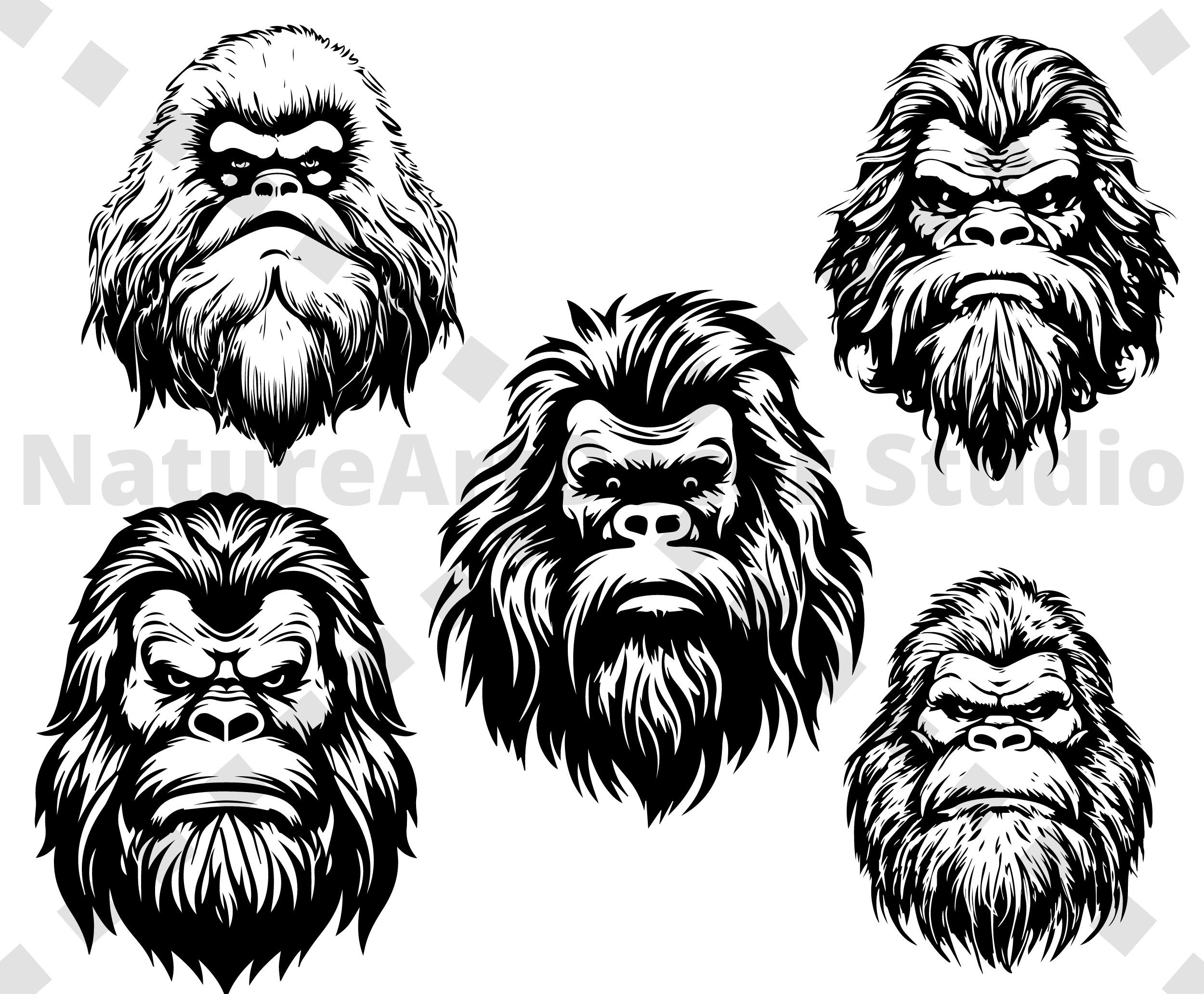 Bigfoot Faces Line Art Svg Bundle, Sasquatch Yeti Head Clipart, POD ...