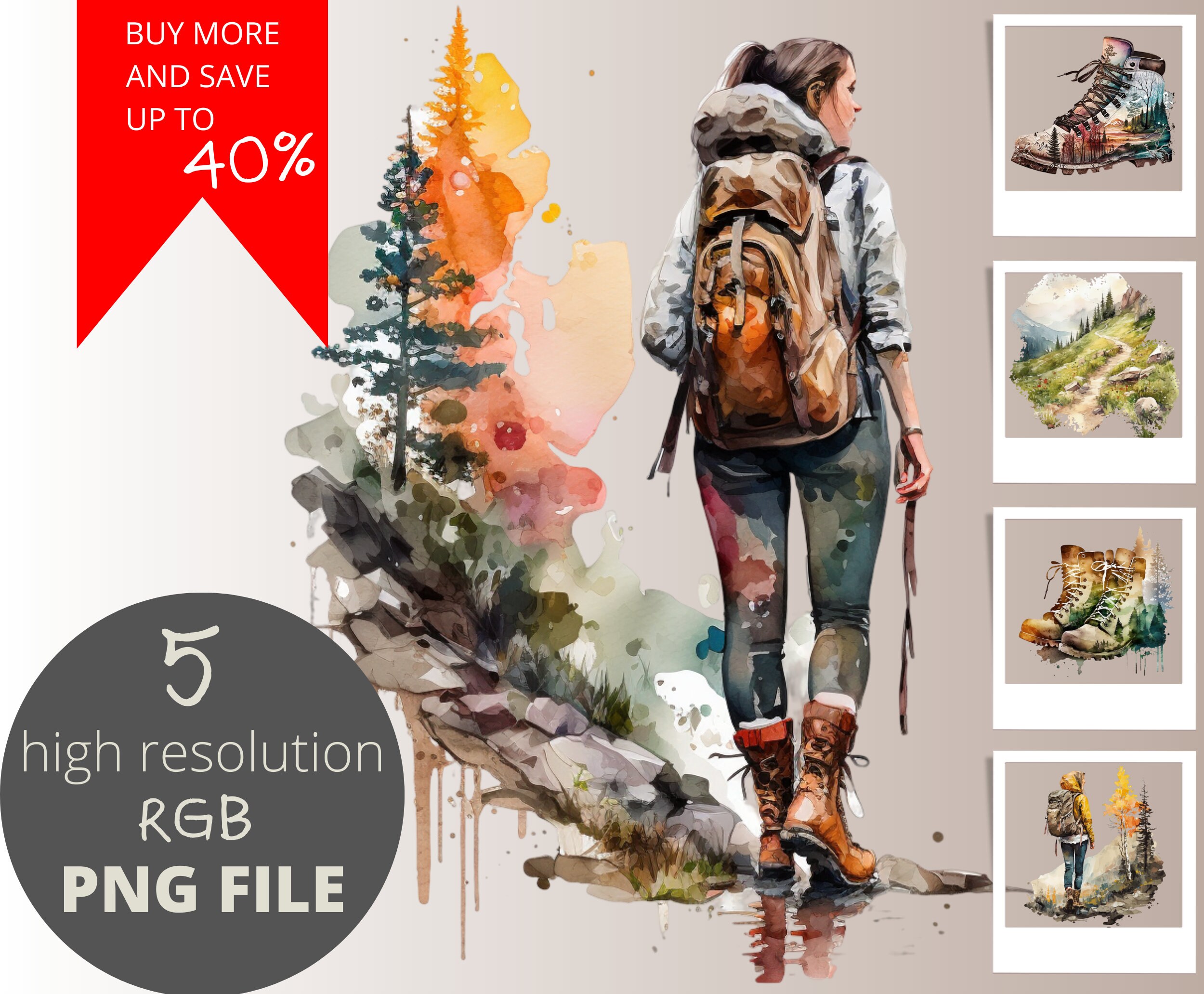 5pc Hiking Girl Watercolor PNG Bundle, Printable Wanderlust Digital ...