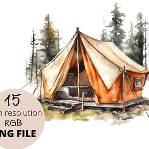 15 Outdoor Camping Tent Water Color PNG Bundle, Forests Equipments ...