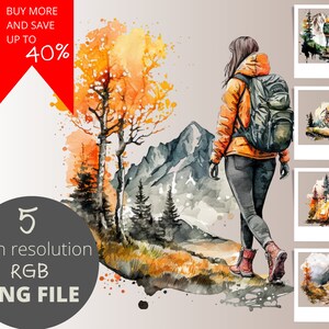 5pc Hiking Girl Watercolor PNG Bundle, Printable Autumn Wanderlust ...