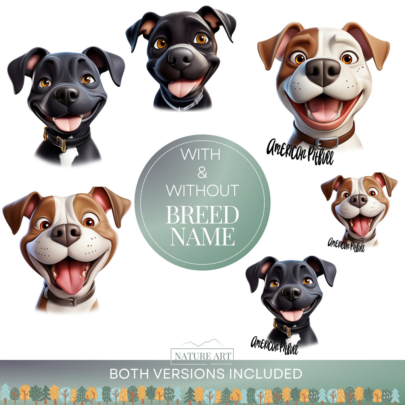 5pc Cartoon American Pitbull Dog Head PNG Bundle, Puppy Portrait POD ...