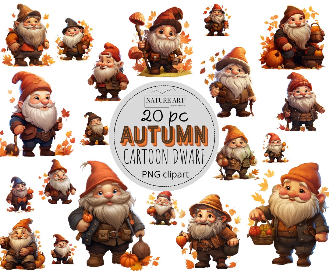 20pc Autumn Cartoon Dwarf PNG Bundle, Gnomes Clipart, Fantasy Fall ...