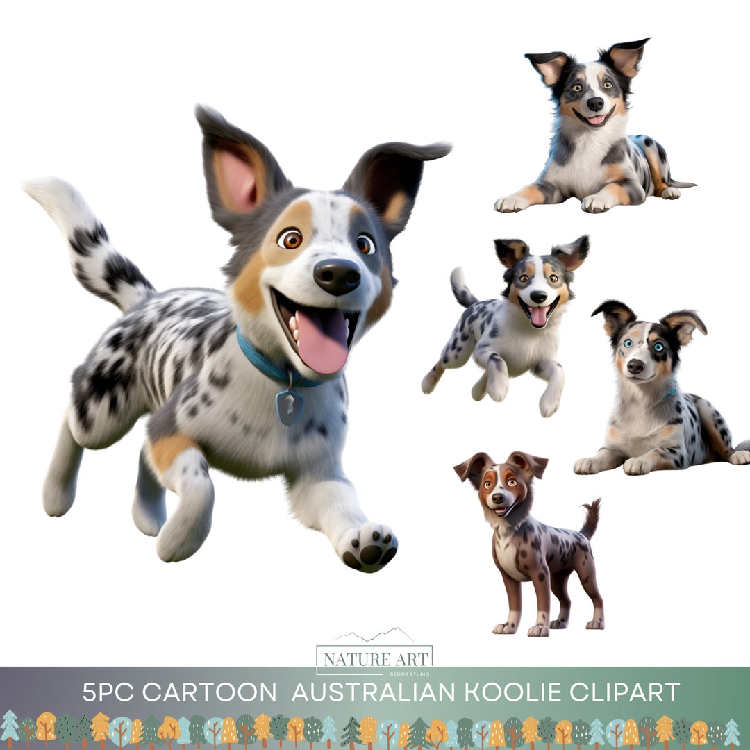 5pc Cartoon Australian Koolie Dog Clipart PNG Bundle, Cute Dog POD ...