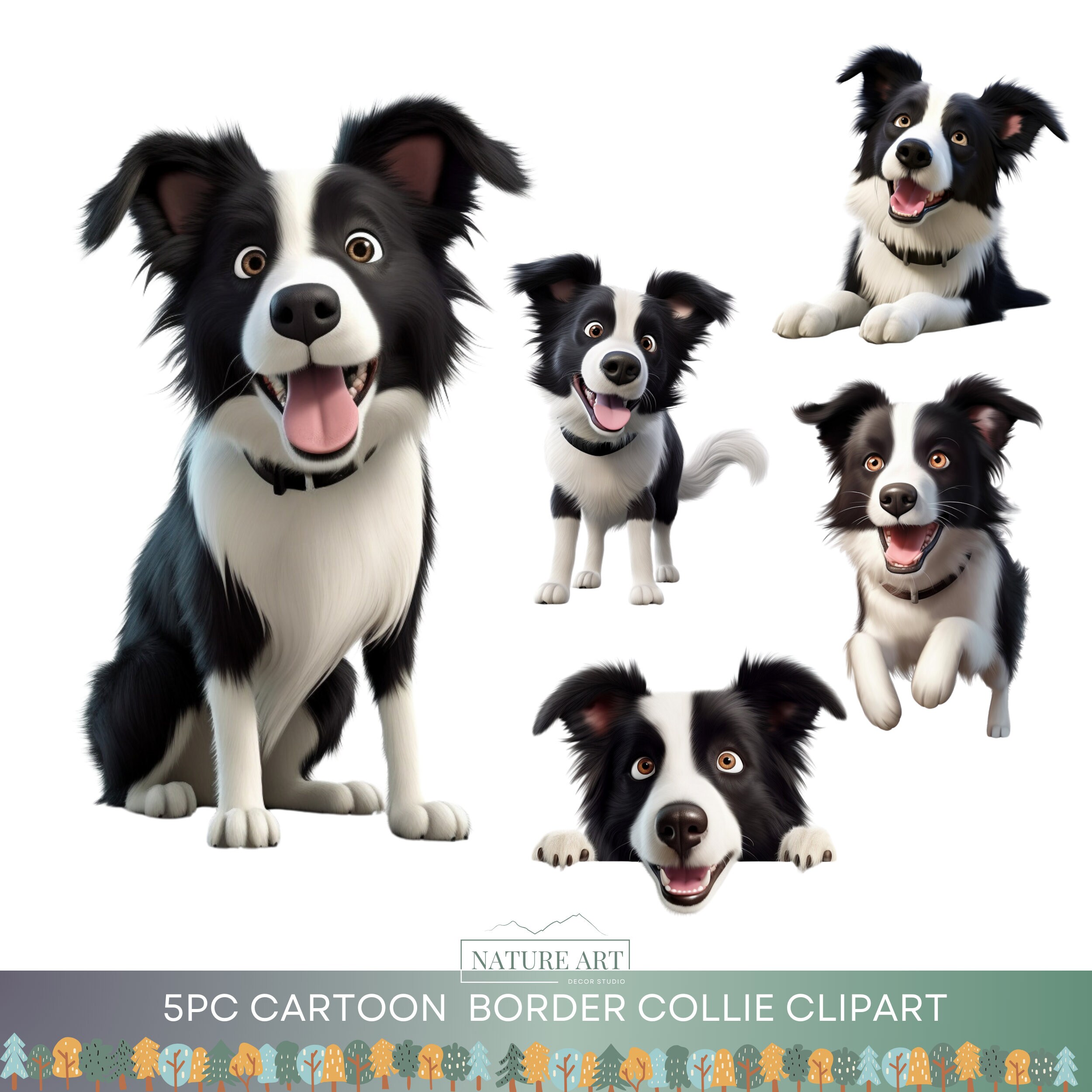5pc Cartoon Border Collie Dog Portrait Clipart PNG Bundle, Cute Dog POD ...