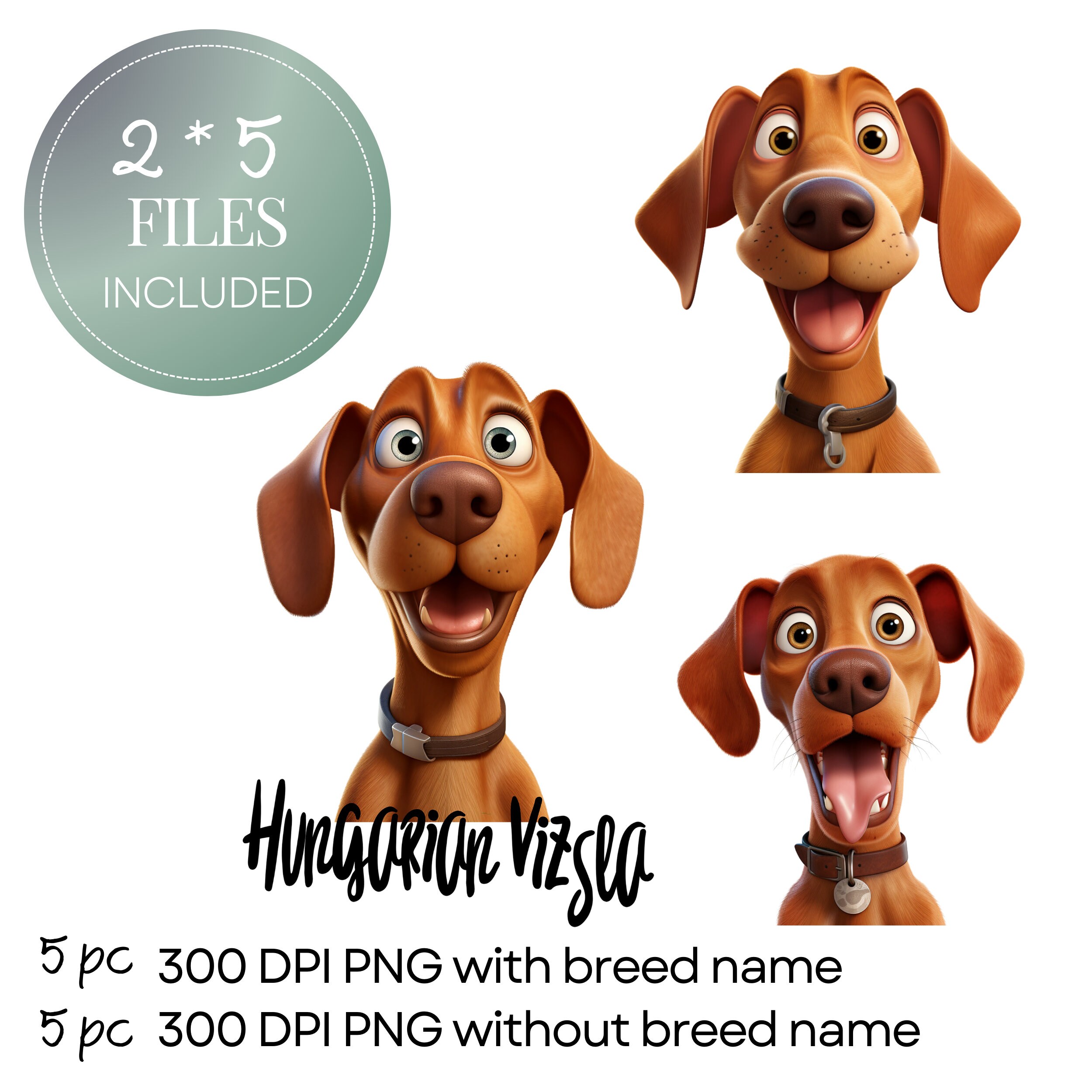 5pc Cartoon Vizsla Dog Face Portrait Clipart PNG Bundle, Cute Dog POD ...