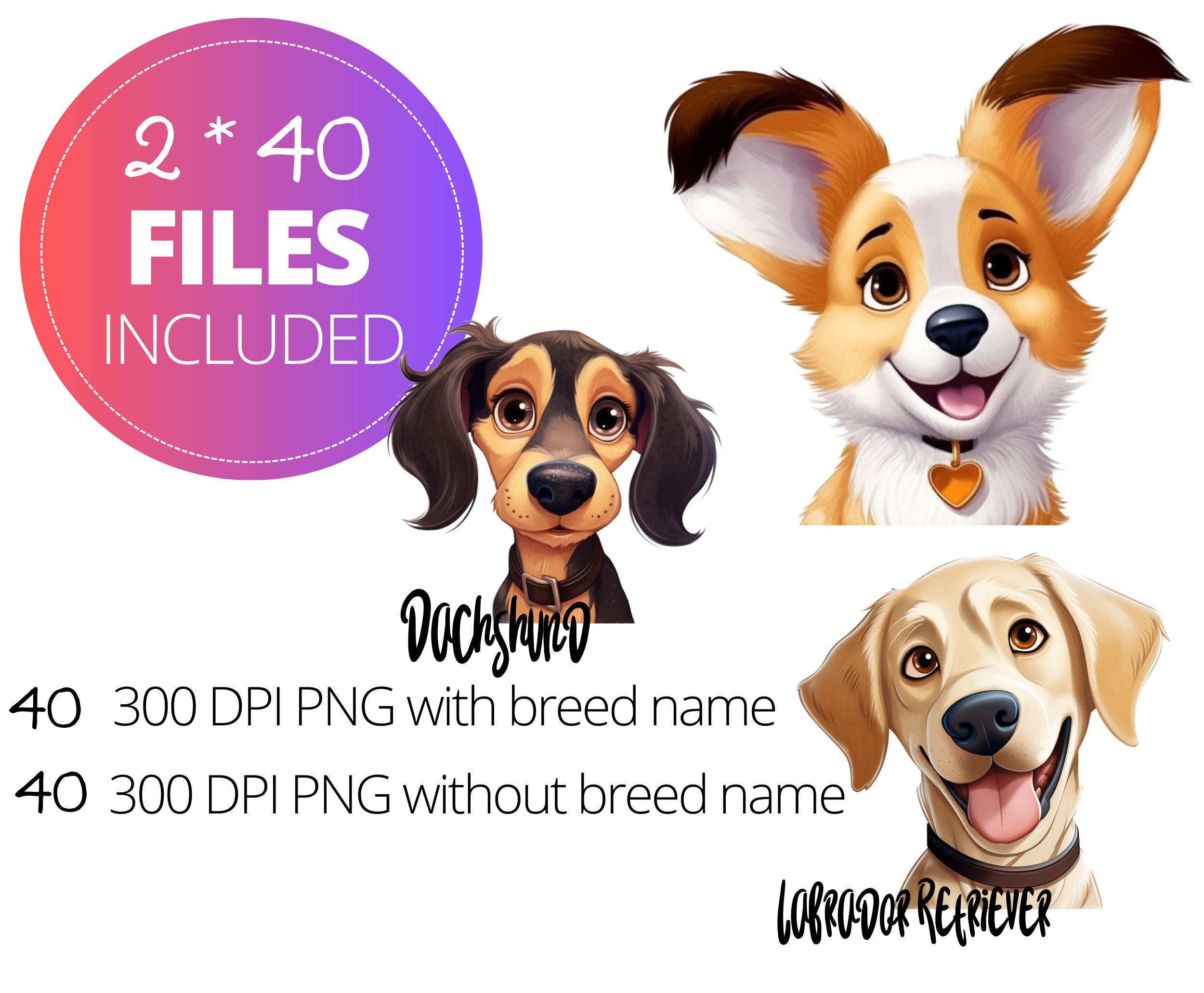 40pc Cartoon Dog Head PNG Bundle Cute Puppy Animal POD - Etsy